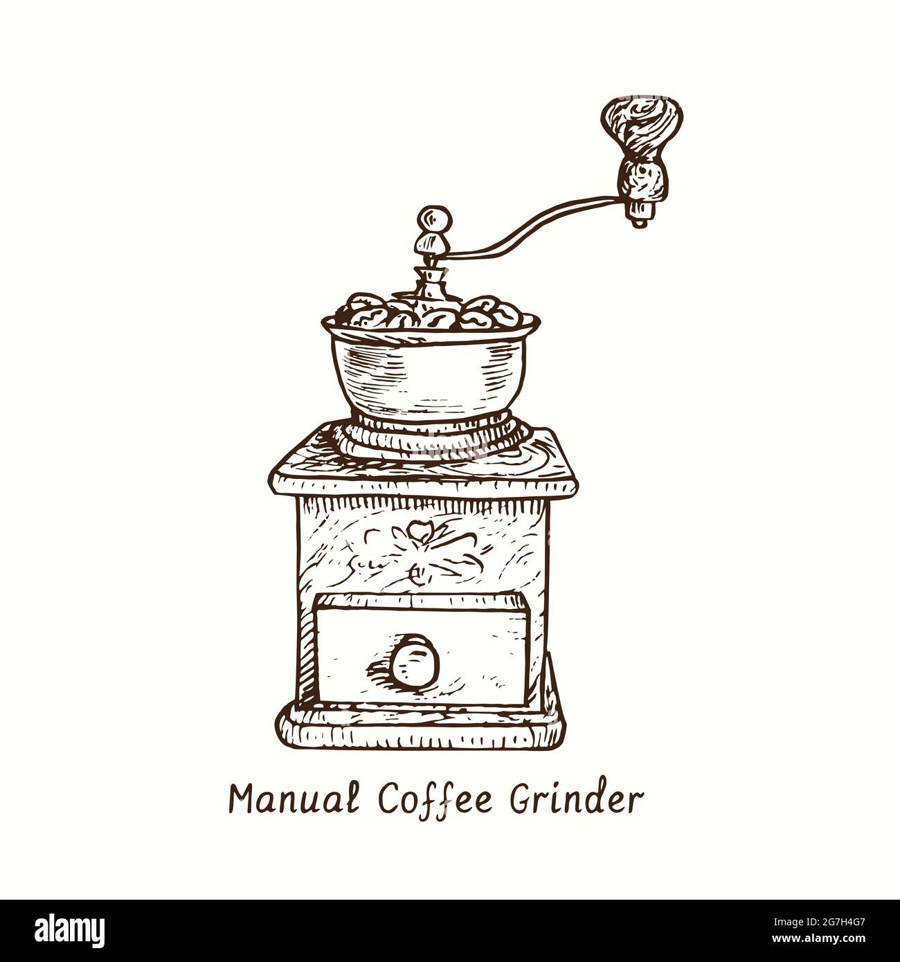 Manual coffee grinder. Ink black and white drawing outline illustration ...
