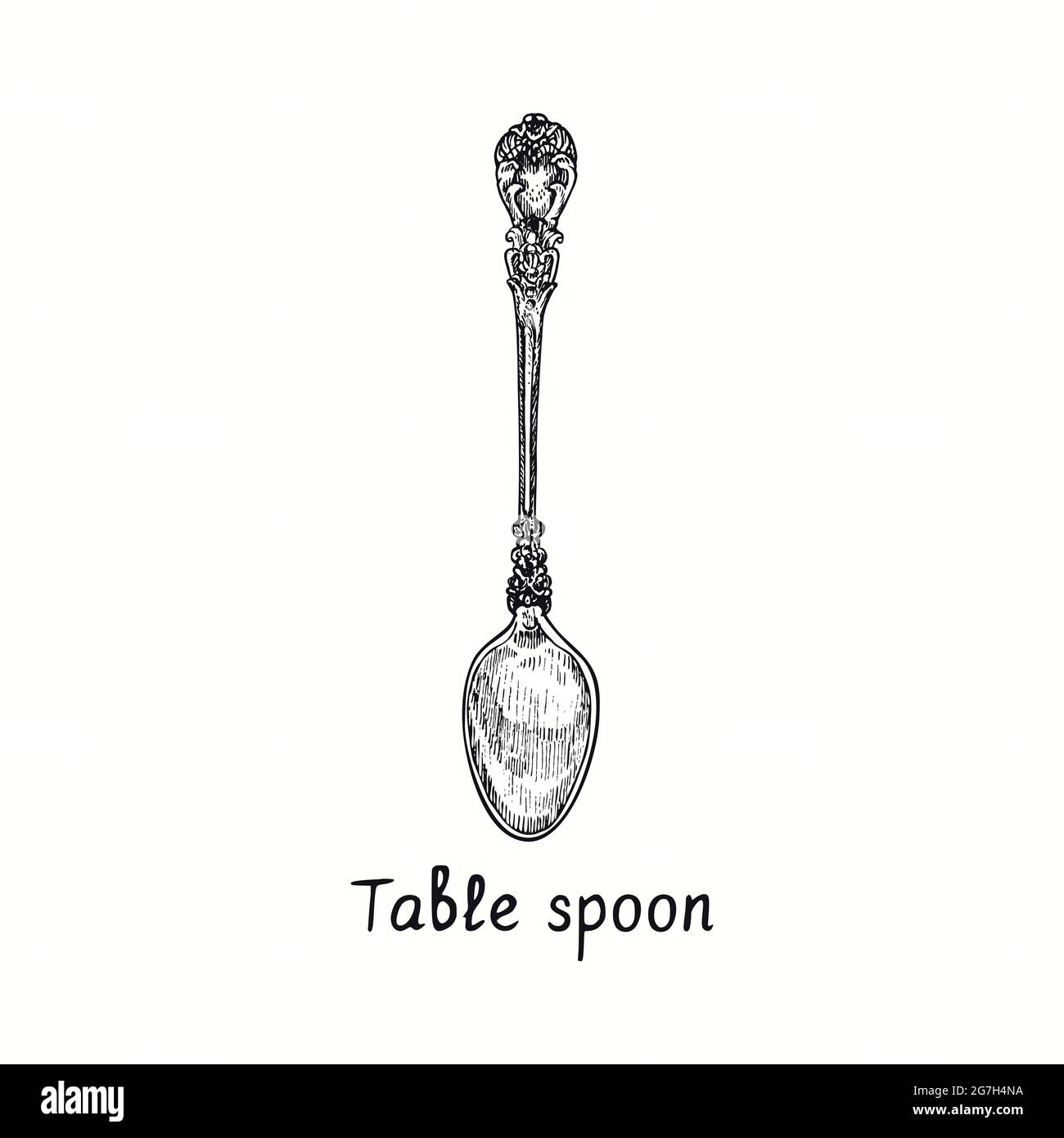 Table spoon with retro style decor. Ink black and white drawing woodcut ...