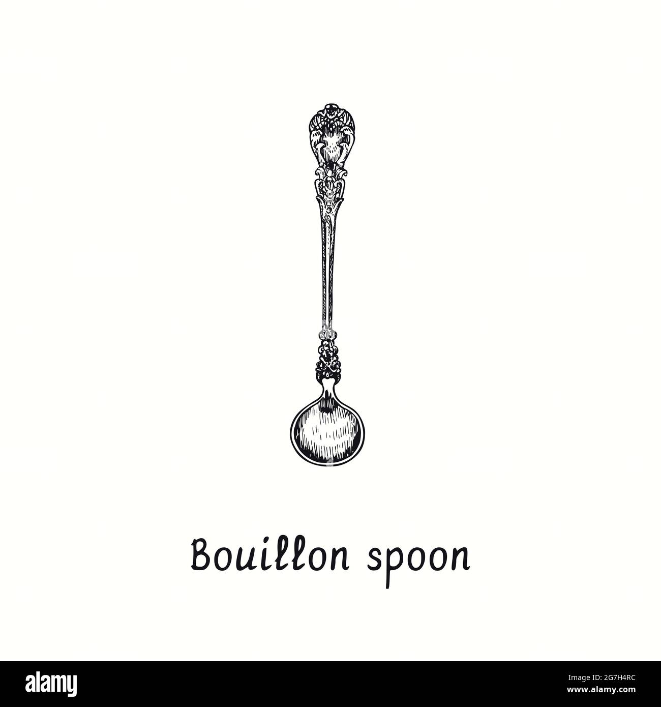 Bouillon spoon with retro style decor. Ink black and white drawing ...