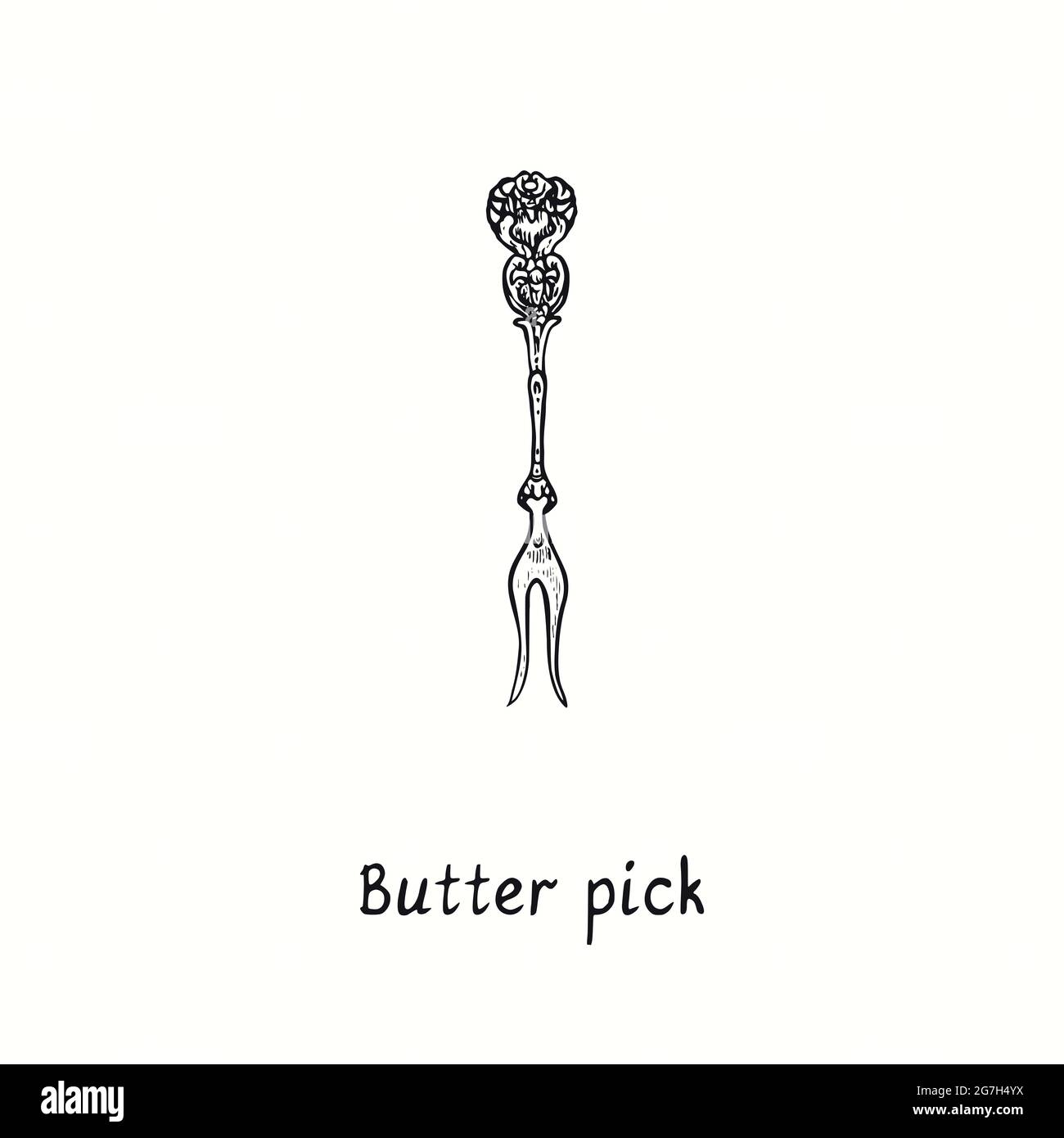 Butter pick with retro style decor. Ink black and white drawing woodcut ...