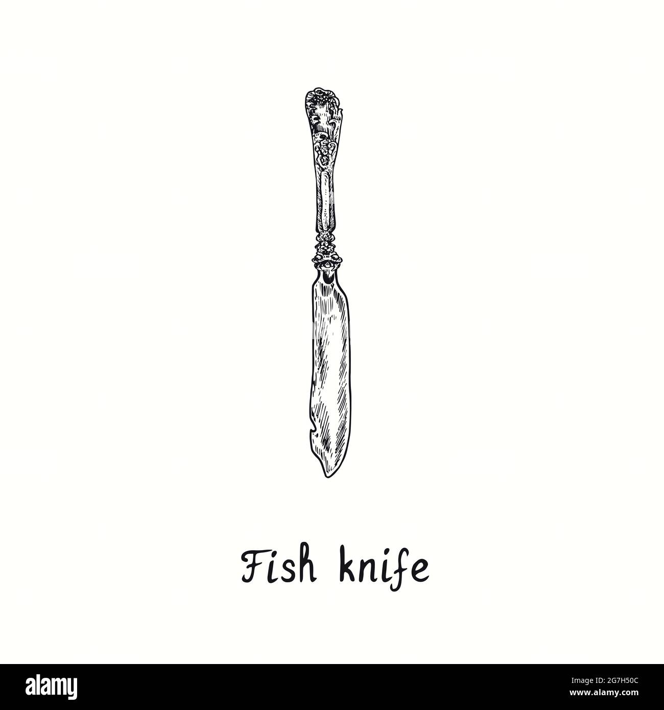 Fish knife with retro style decor. Ink black and white drawing woodcut ...