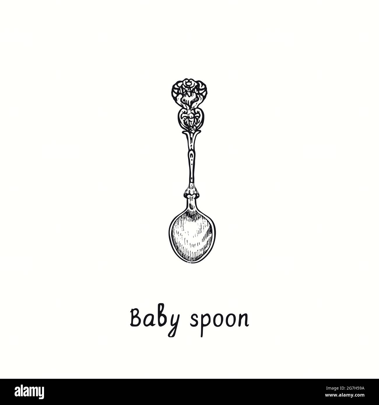 Baby spoon with retro style decor. Ink black and white drawing woodcut ...