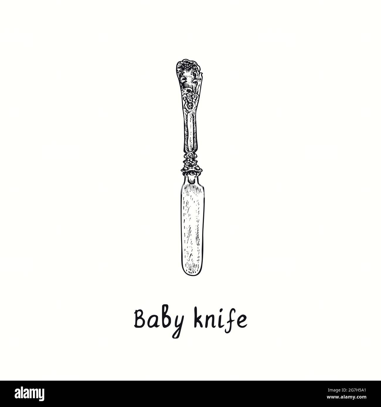 Baby knife with retro style decor. Ink black and white drawing woodcut ...