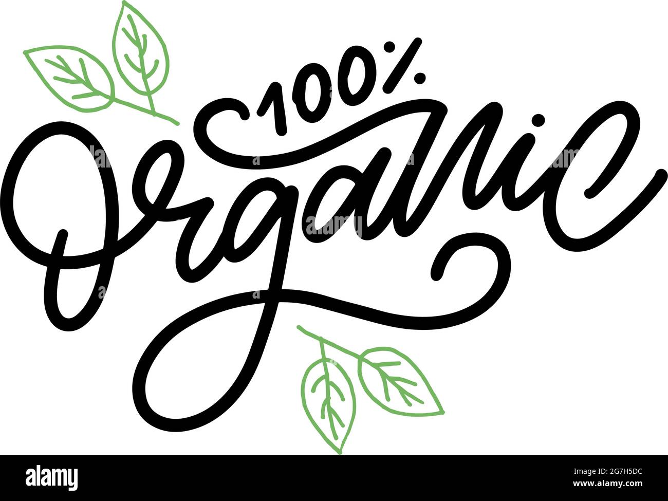 Organic brush lettering. Hand drawn word organic with green leaves ...