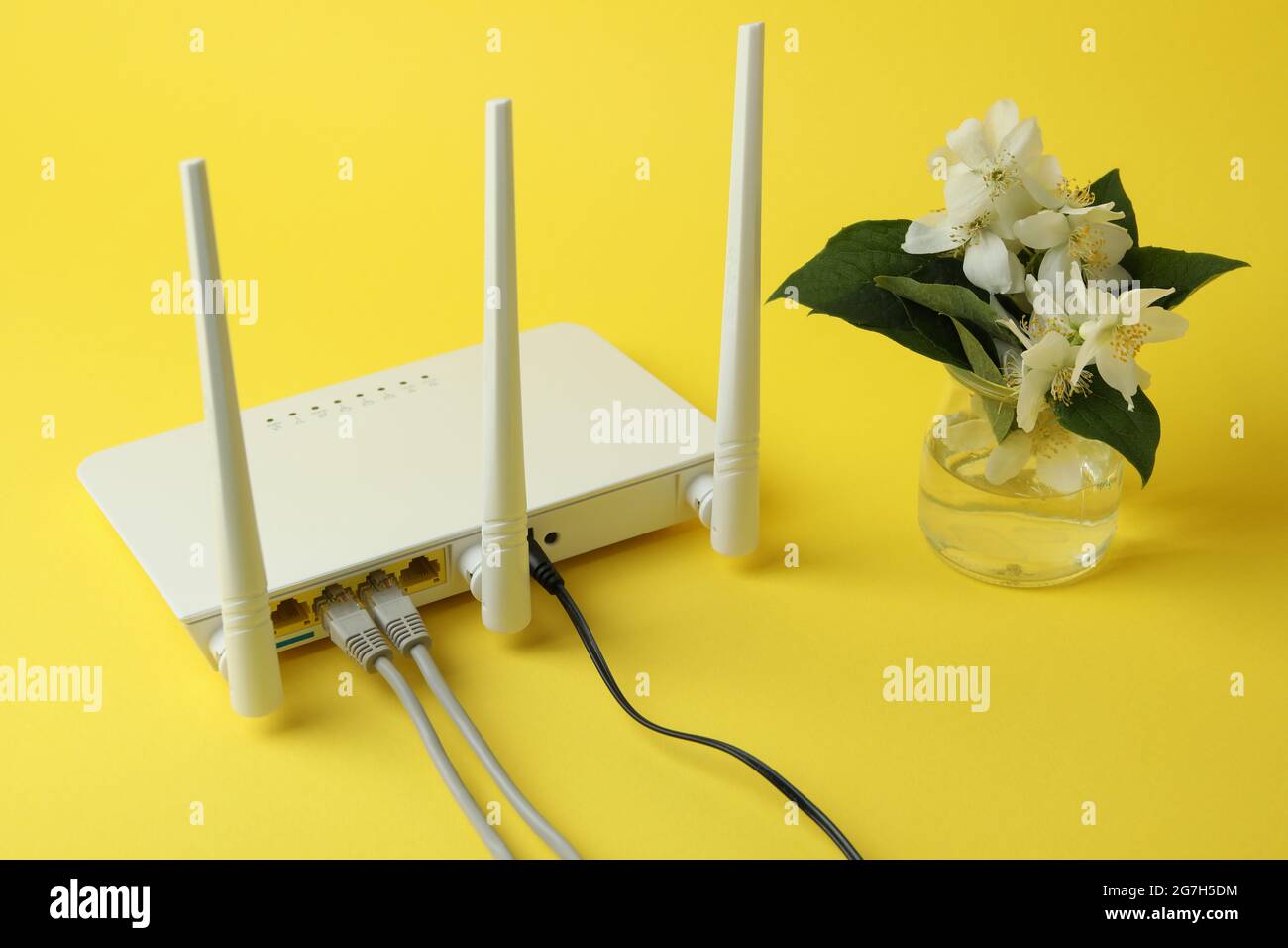 Wi-Fi router and flowers on yellow background Stock Photo - Alamy
