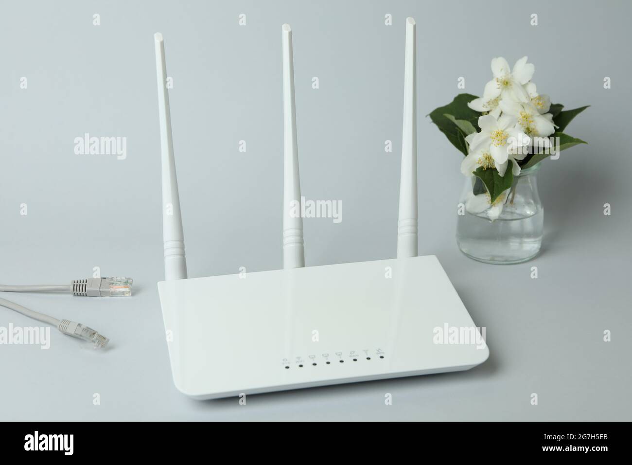 Wi-Fi router and flowers on gray background Stock Photo - Alamy