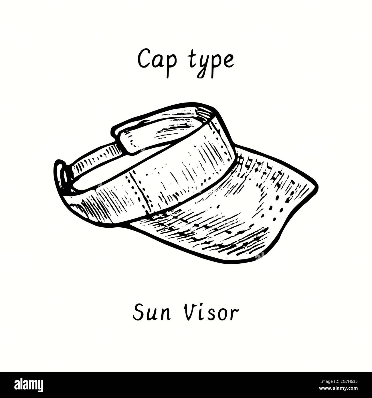 Sun visor cap type. Ink black and white doodle drawing in woodcut style ...