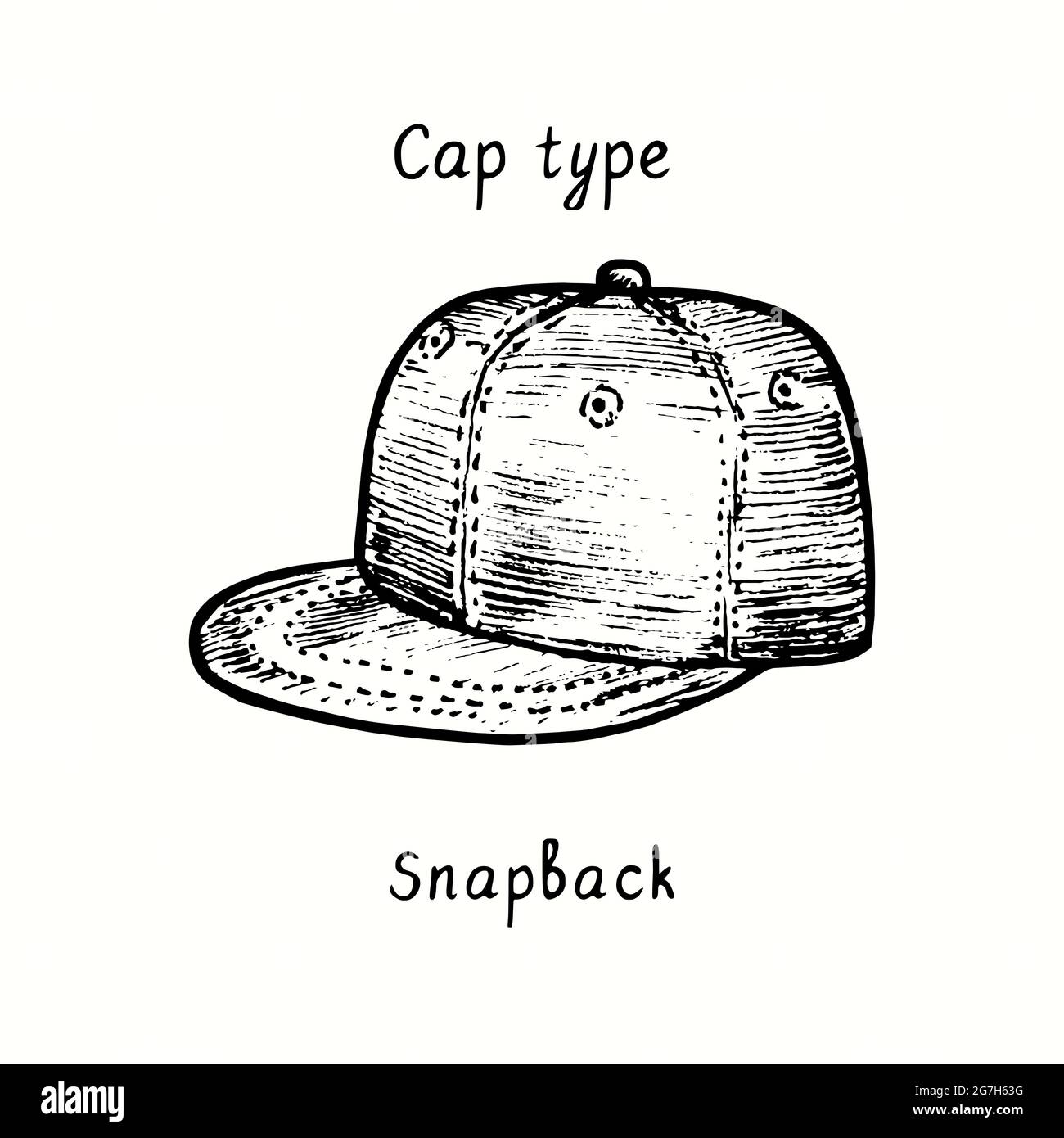 Snap back baseball cap type. Ink black and white doodle drawing in ...