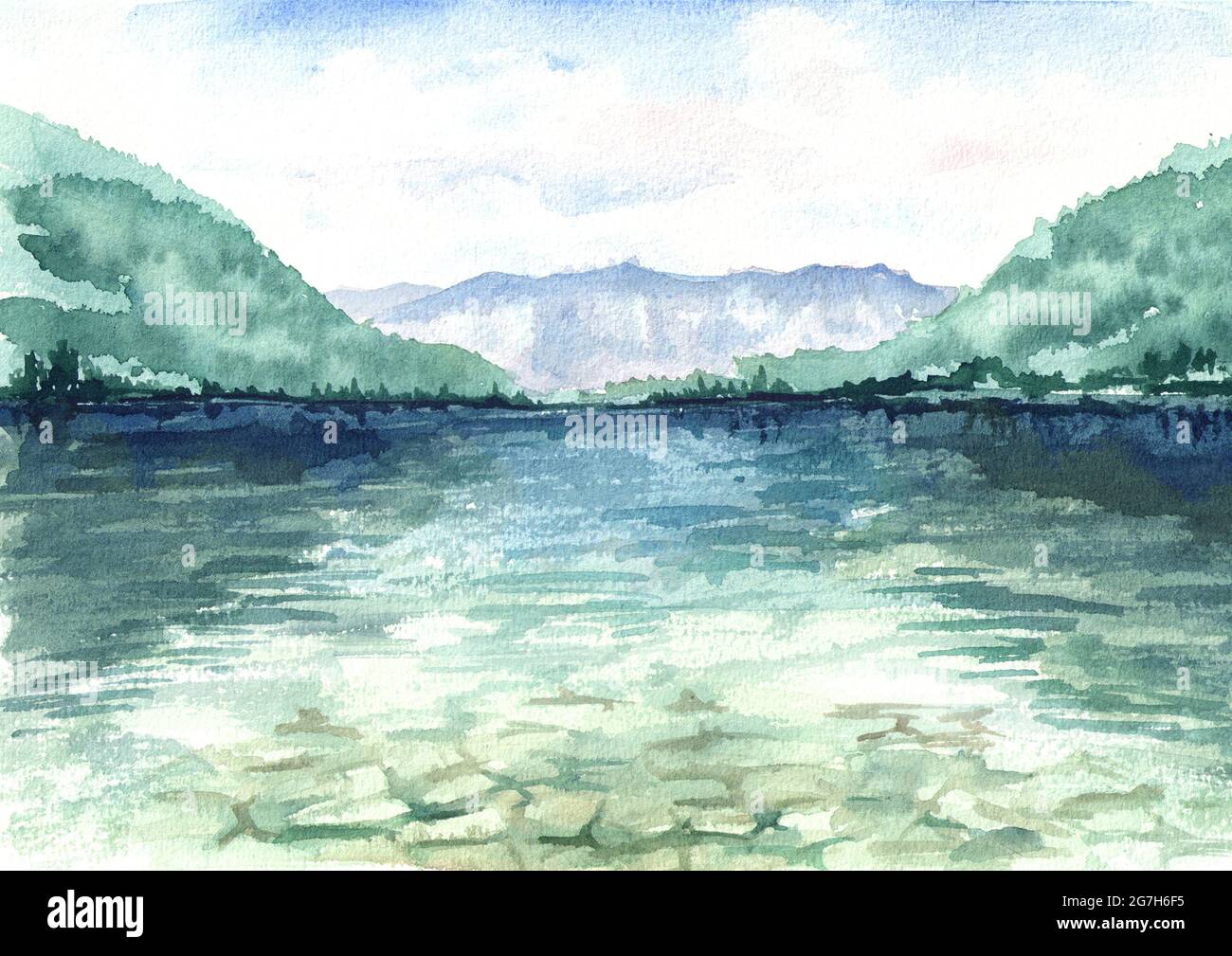 Beautiful landscape with a lake and mountains reflected in the water ...