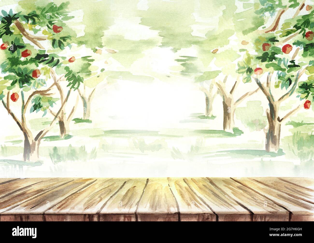 Table in fruit garden landscape. Hand drawn watercolor template and ...