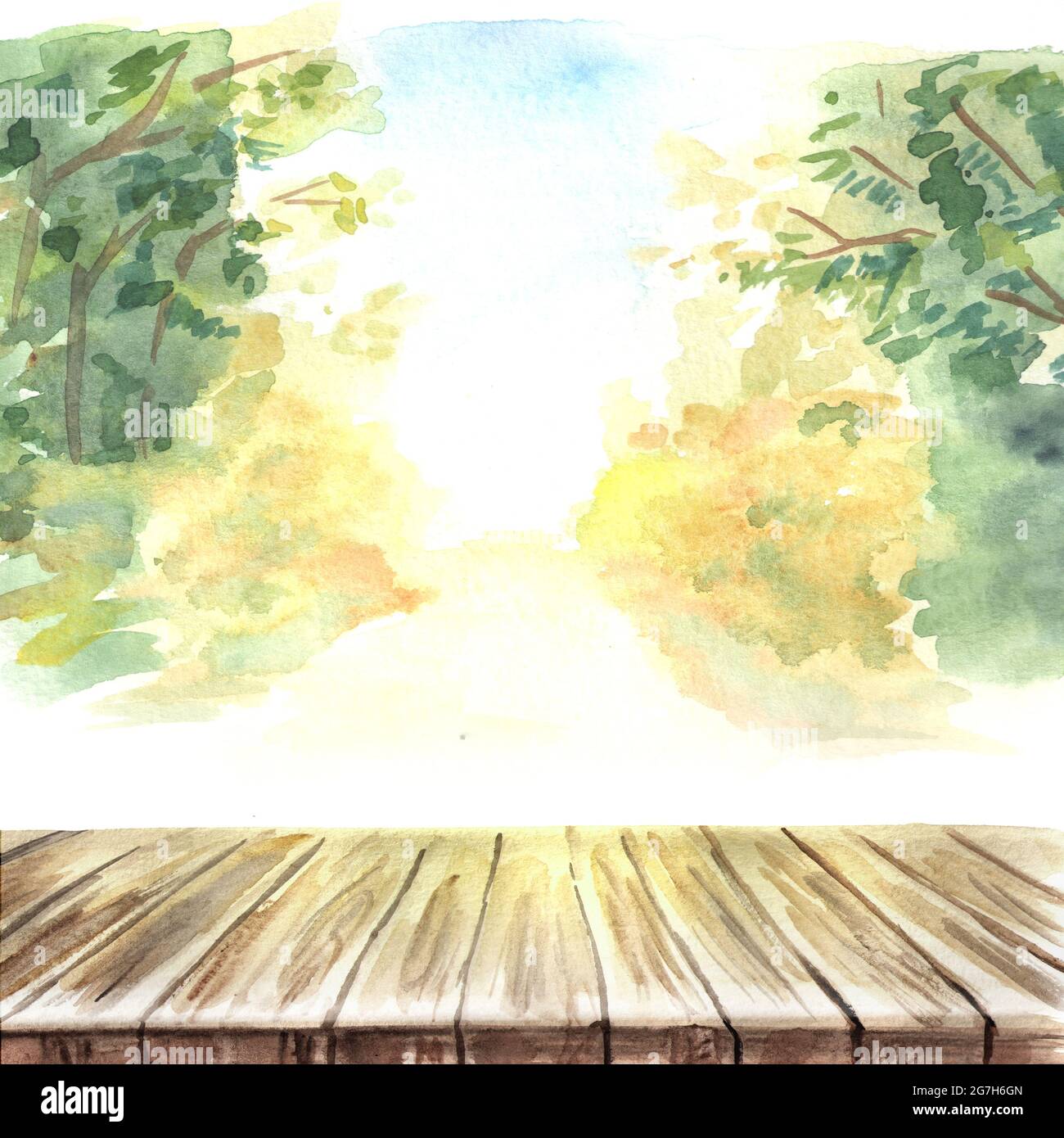 Table in landscape. Hand drawn watercolor template and background Stock ...