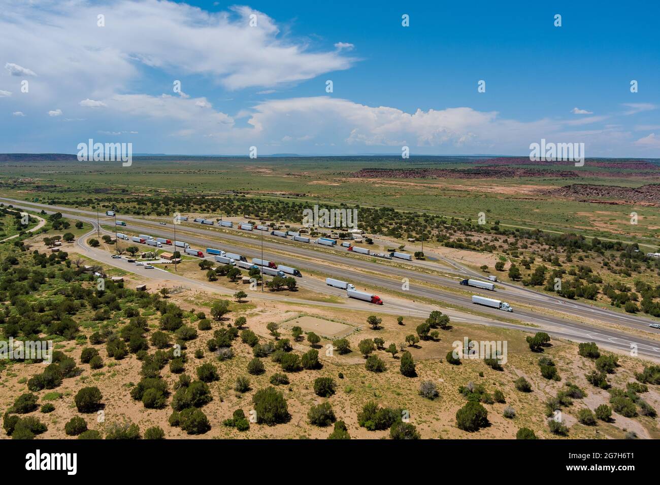 Aerial view of highway in desert Arizona of highway rest area with ...