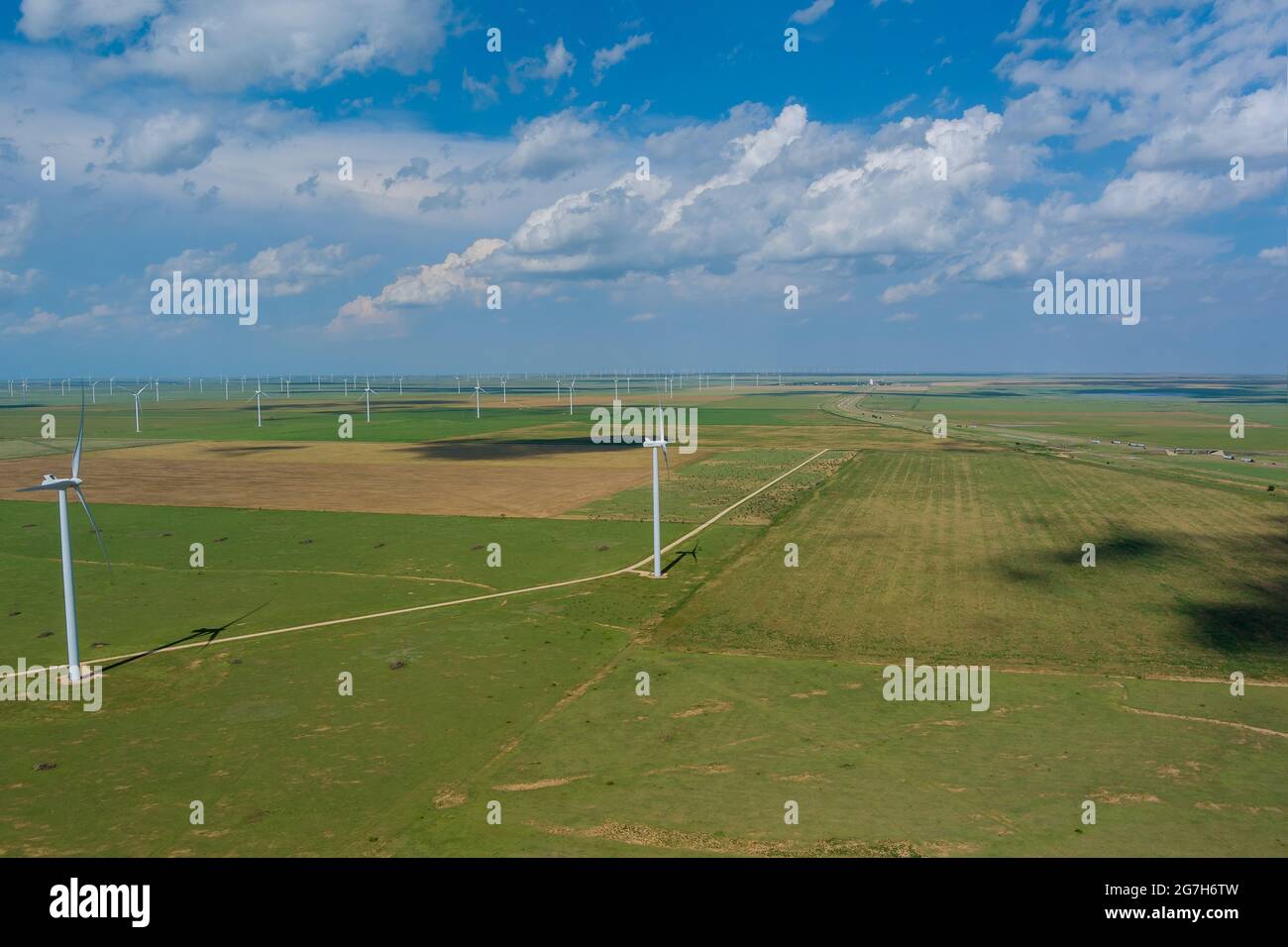 Wind turbine power farm in Texas USA with rows of many windmill ...