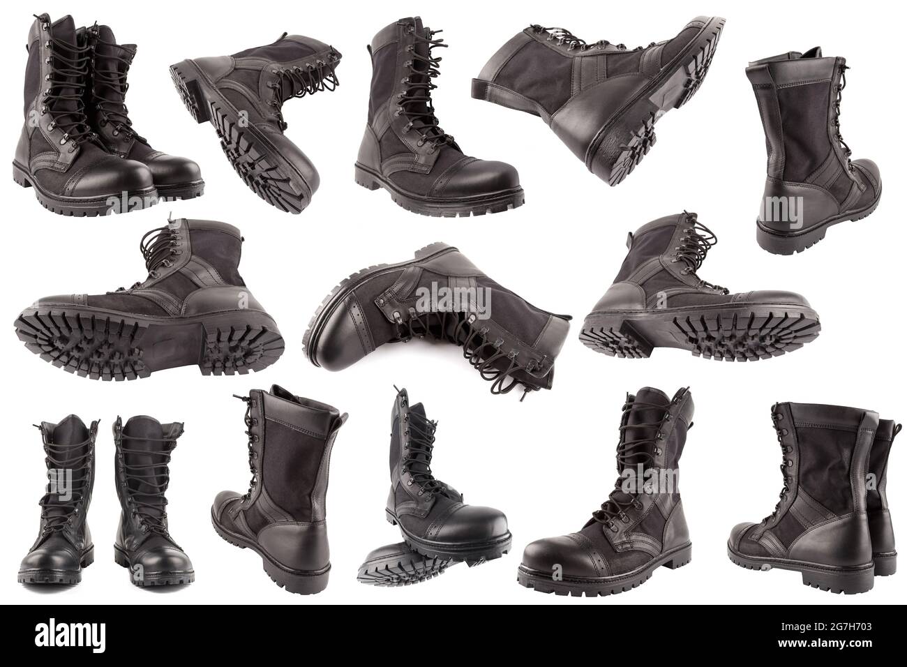 set of new black lightweight military boots isolated on white ...