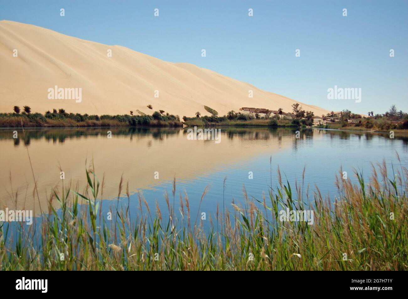 View across the landmark Gaberoun Oasis in the middle of the Ubari Sand ...