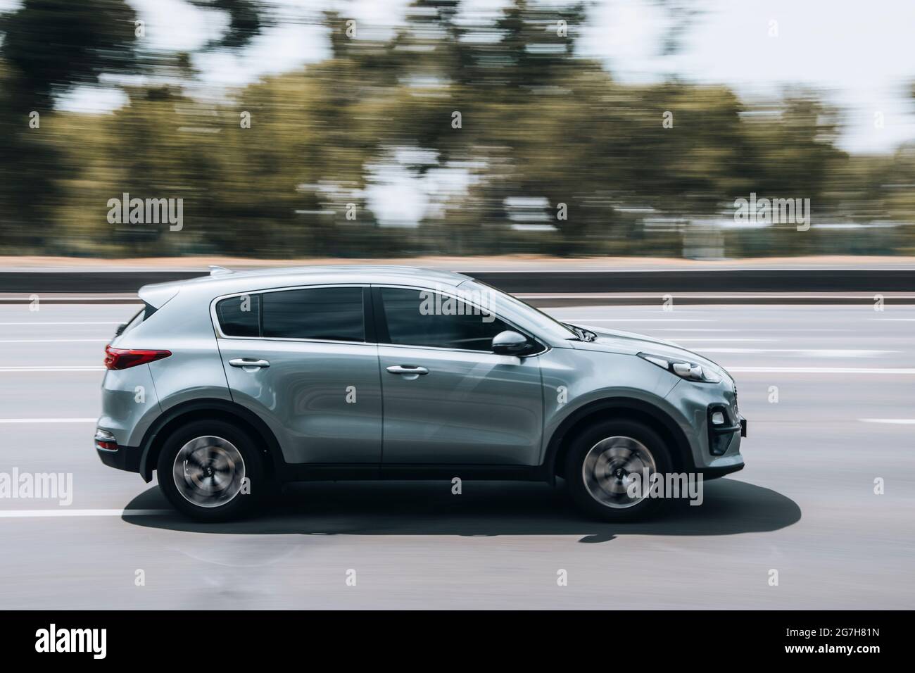Ukraine, Kyiv - 27 June 2021: Silver KIA Sportage car moving on the ...