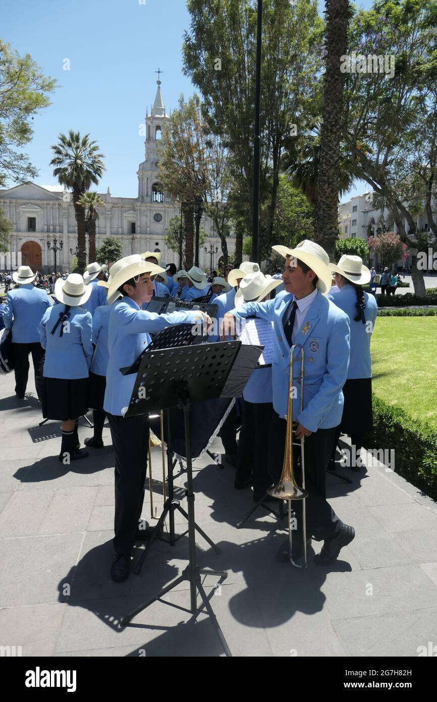 Band dressed in blue with white hats in Cusco Peru hats hat white ...