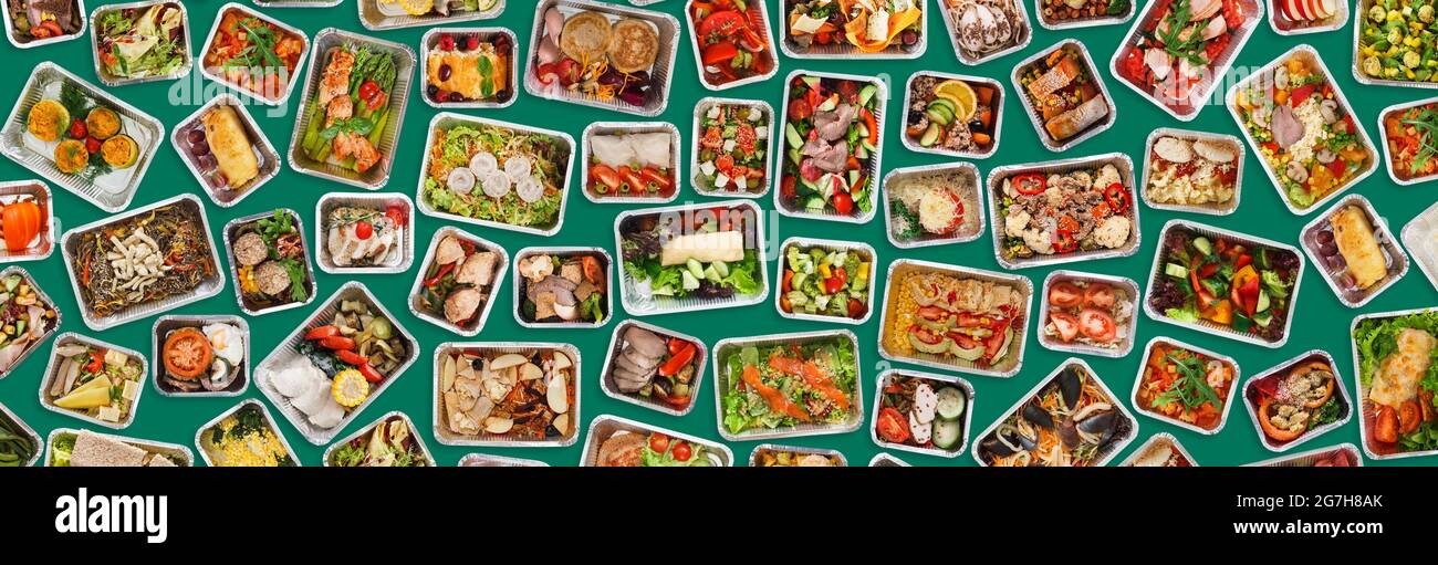 Set Of Foil Lunch Boxes With Tasty Everyday Meals Over Turquoise ...