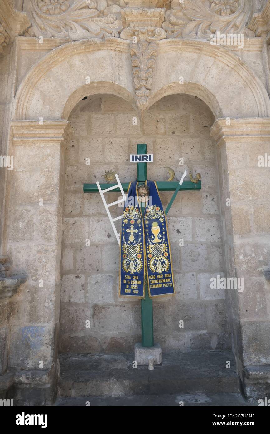 Cross in Arequipa Peru Cathedral old style outside large Holy site old ...