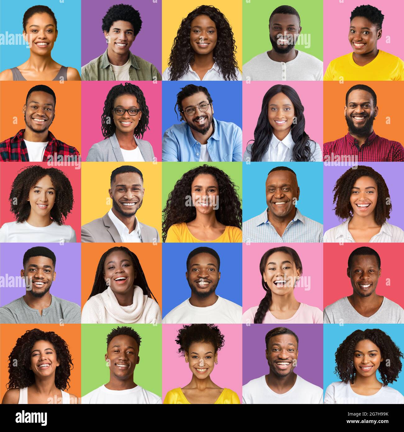 Happy multiethnic millennial men and women smiling over colorful studio ...