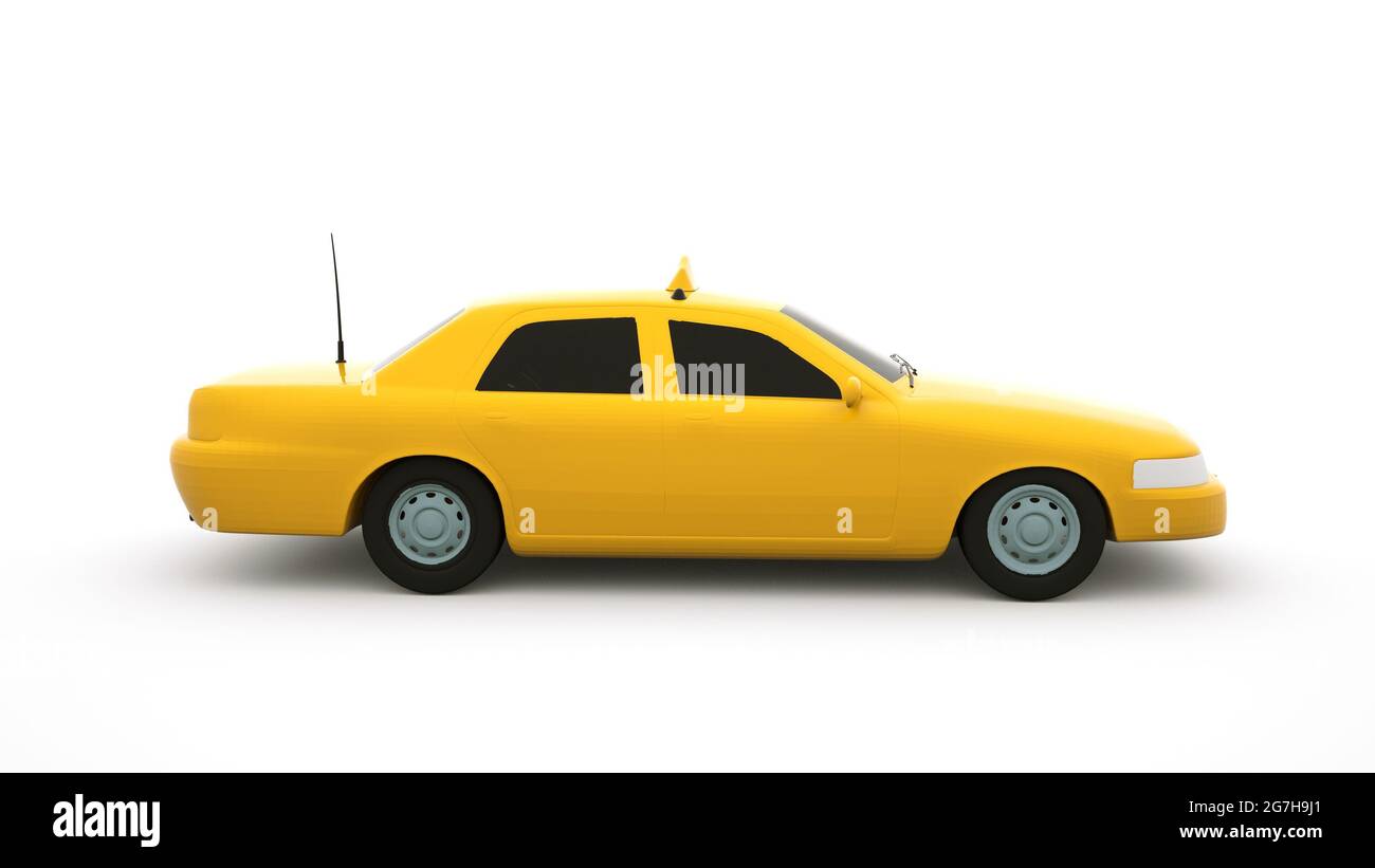 Passenger car yellow, 3d illustration. City taxi, empty car body ...
