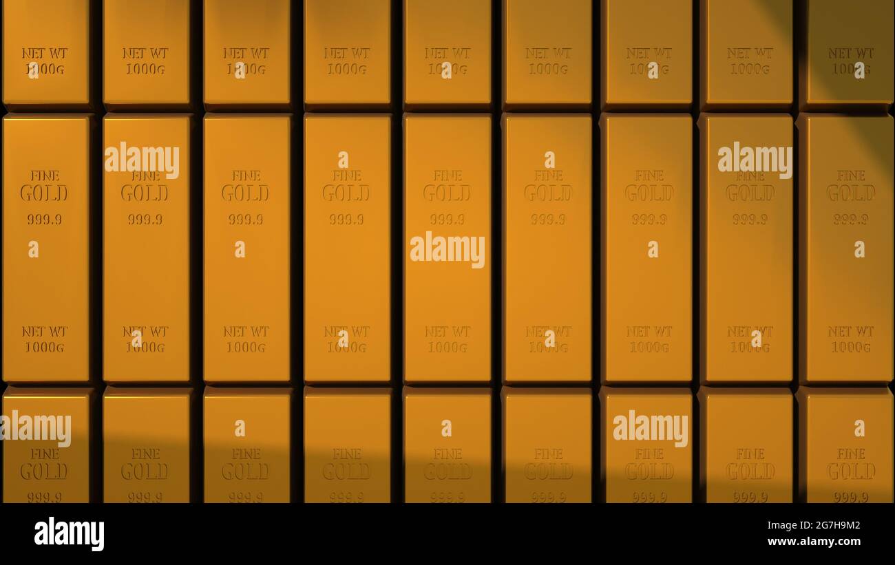 3d illustration, gold bars of the highest standard lie in rows. Bars of ...