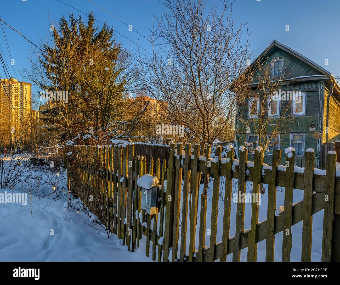 Slavyanskaya street, Ust-Slavyanka village, Saint Petersburg, Russia. January 8, 2021. Abandoned ...