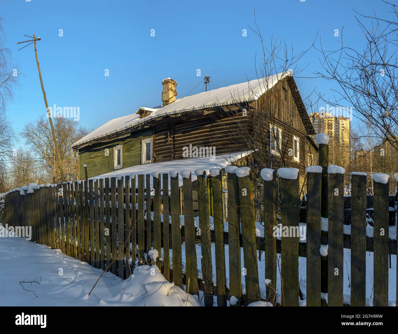 Slavyanskaya street, Ust-Slavyanka village, Saint Petersburg, Russia. January 8, 2021. Abandoned ...