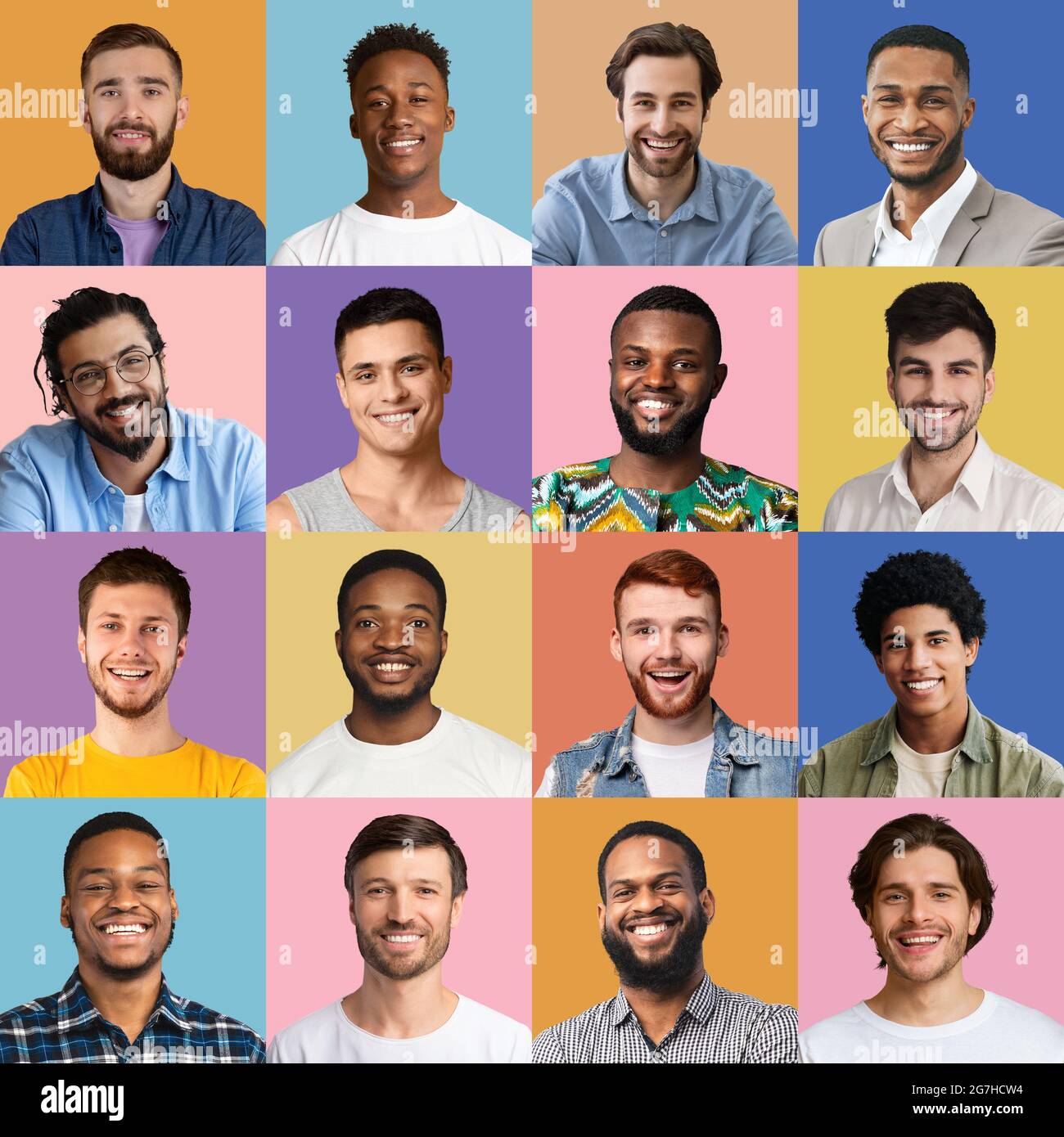 Happy male faces over colorful studio backgrounds, collection of ...