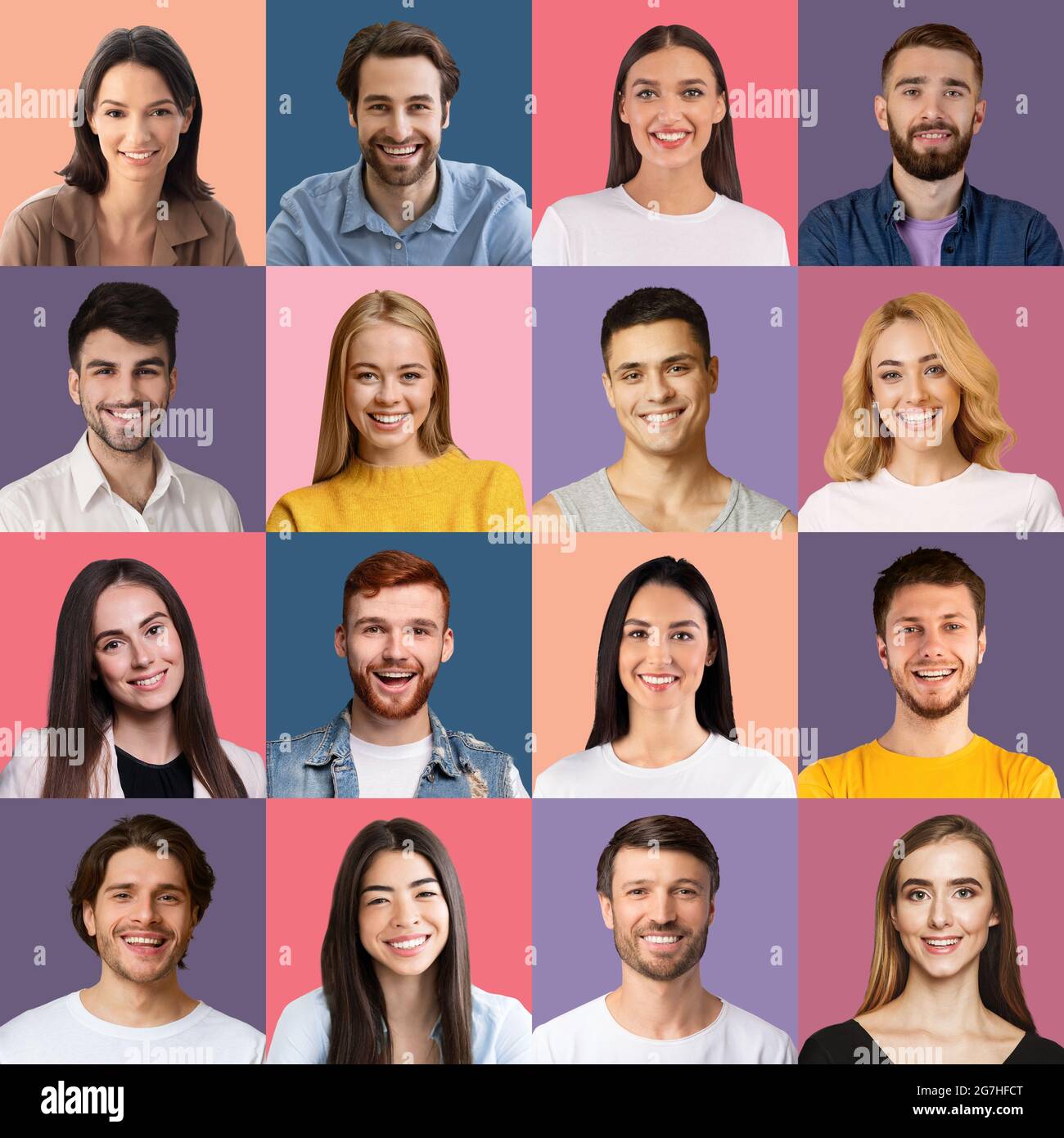Positive diverse people various nationalities smiling at camera ...