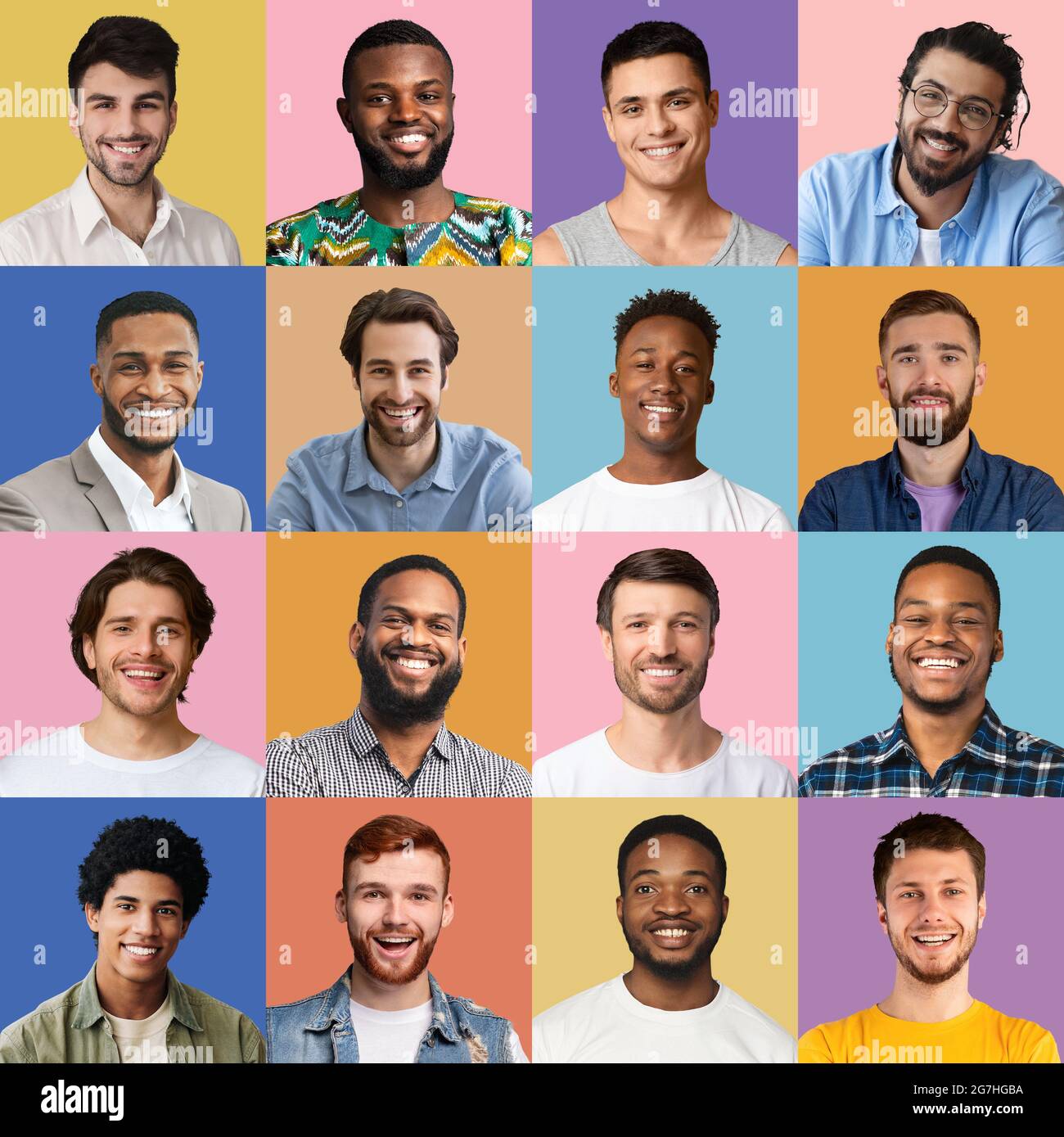 Happy male faces over colorful studio backgrounds, collection of ...