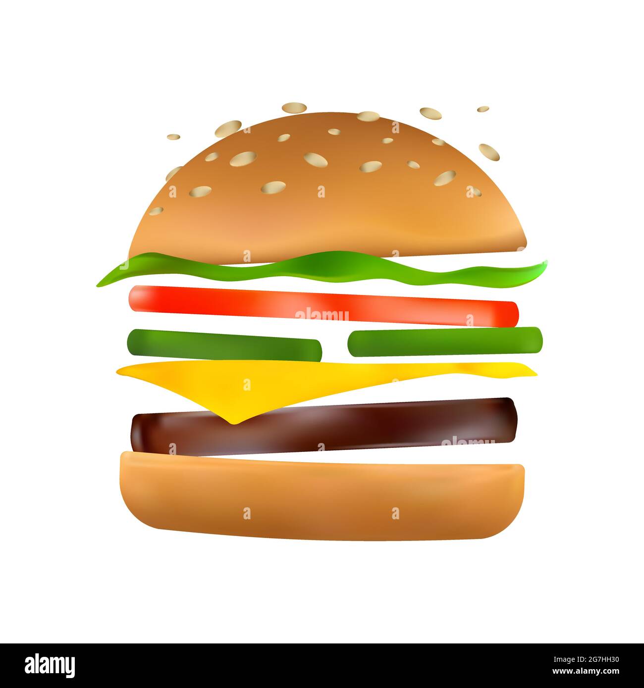 Floating burger with flying ingredients: pickles, tomato, cheese, beef ...