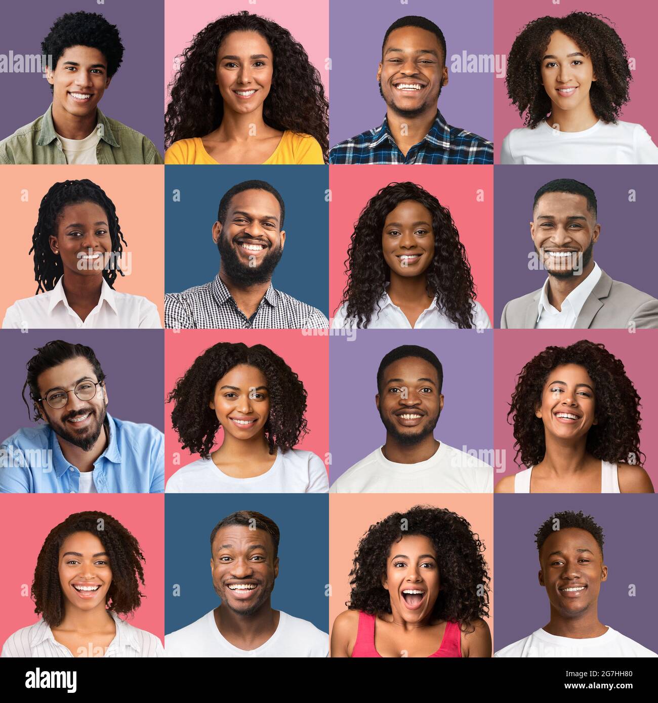 Happy multiethnic millennial men and women smiling over colorful studio ...