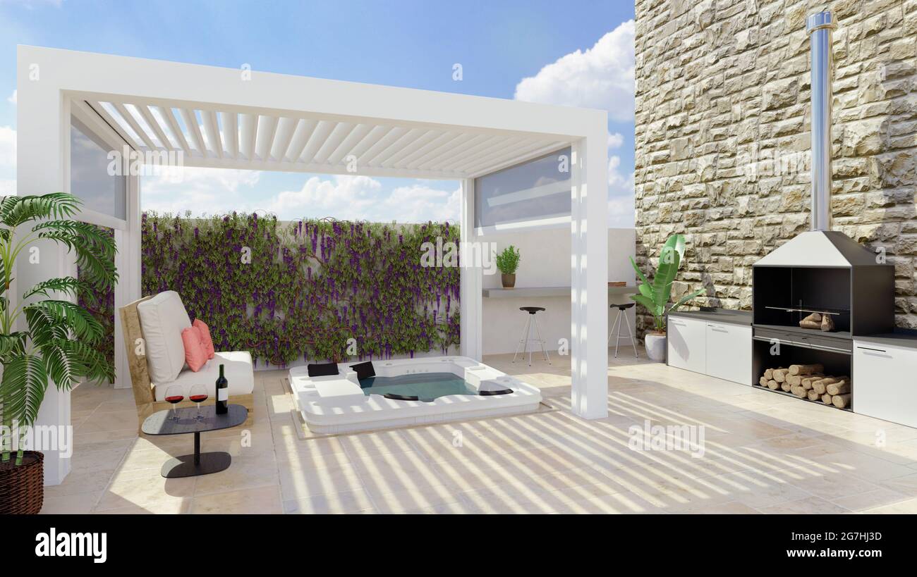 3D render of modern urban patio with white pergola and outdoor ...