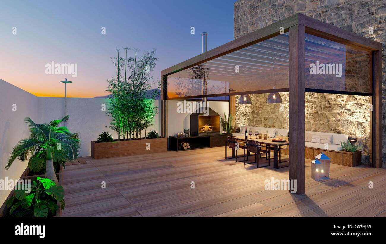 3D render of urban terrace with natural plants and teak wood flooring ...
