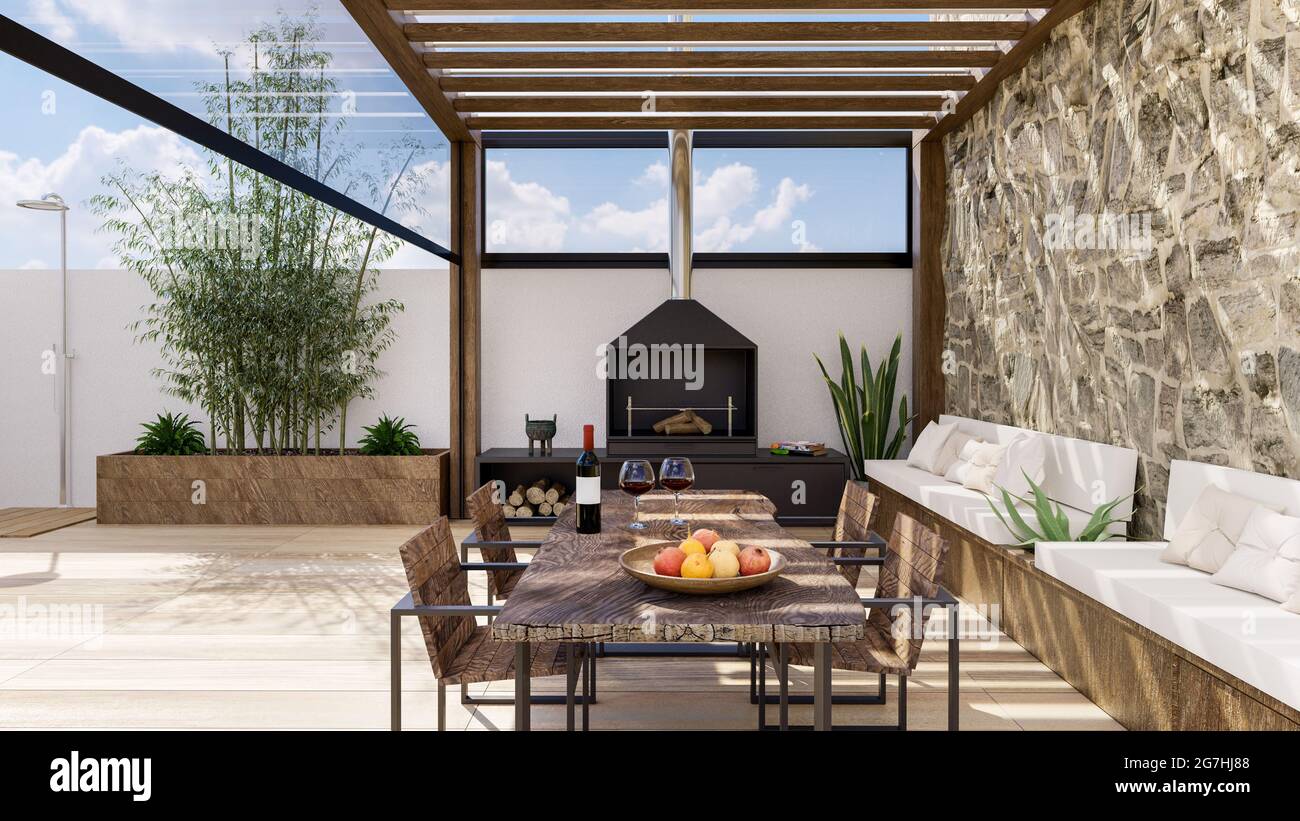 3D render of luxurious outdoor urban terrace with teak wood pergola and ...