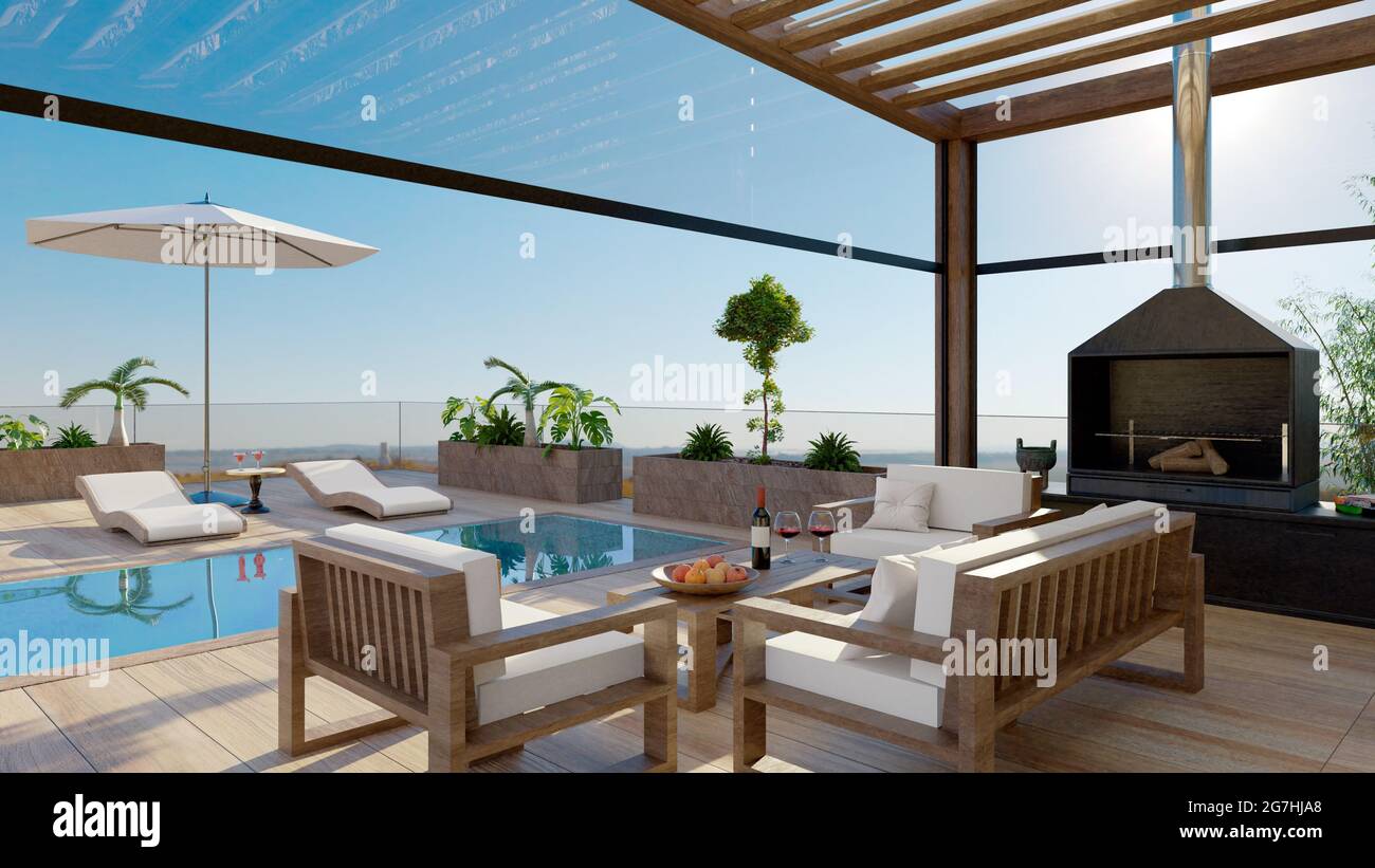 3D illustration of luxury outdoor terrace with swimming pool and ...