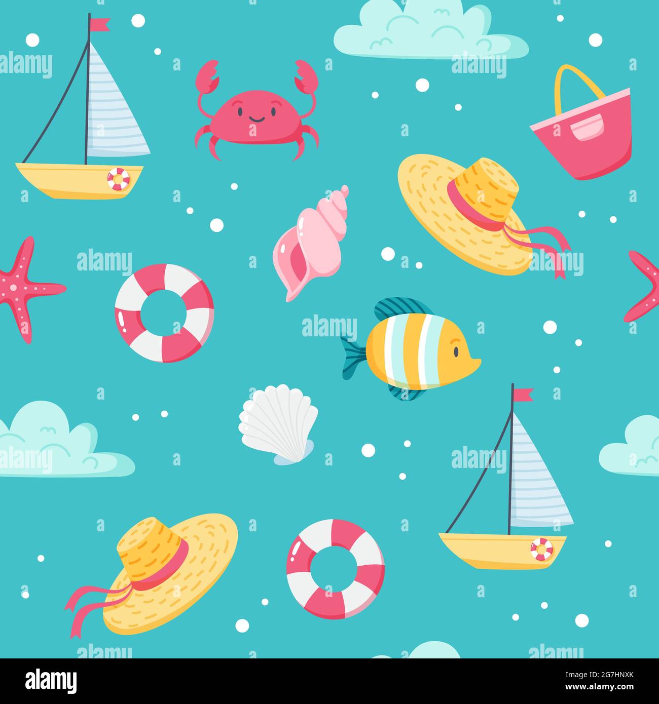 Summer sea pattern. Cute fish, sail boat, crab, seashells. Hand drawn ...