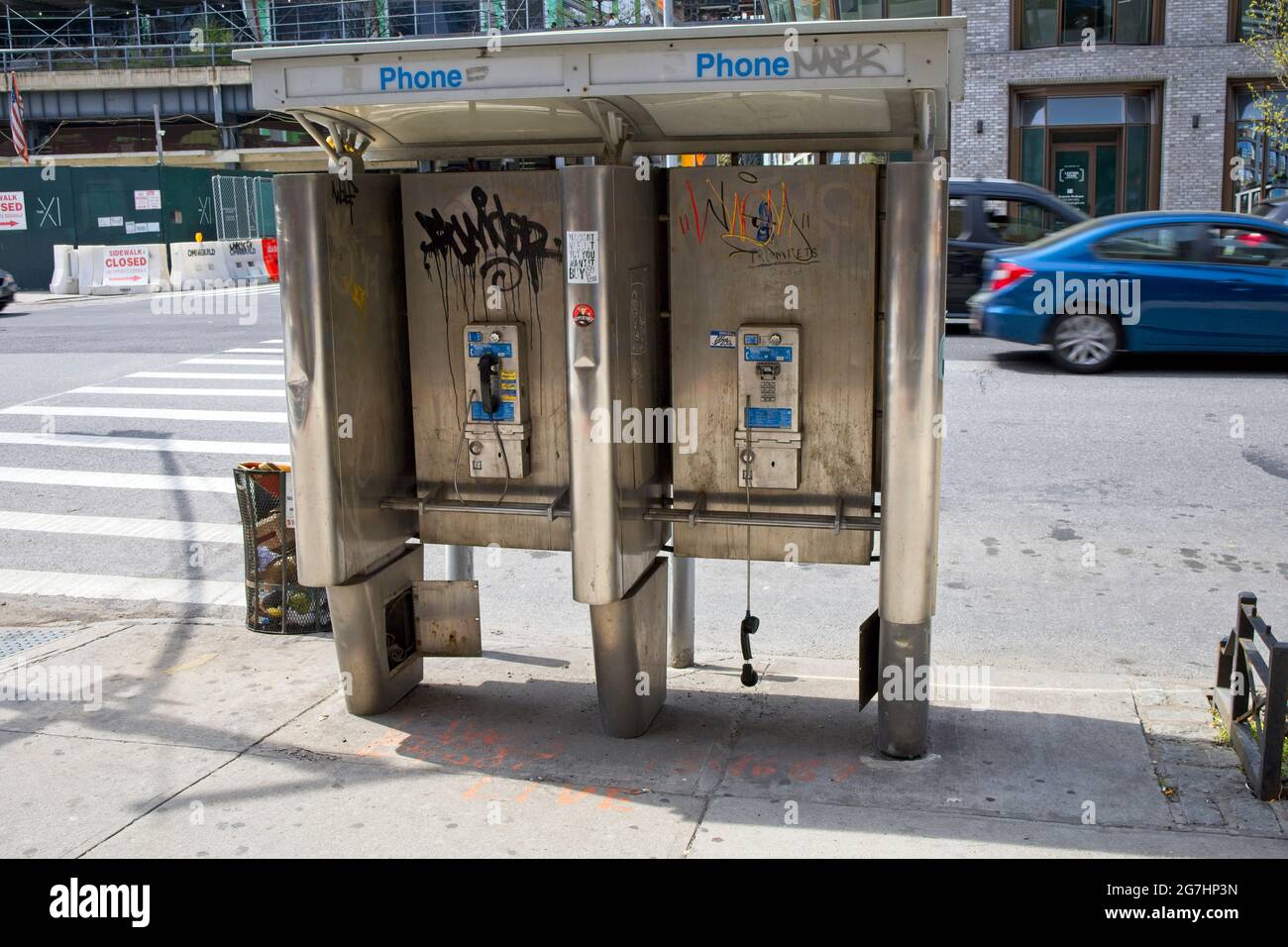 New York, NY, USA - July 14, 2021: The old coin telephone boxes in a ...