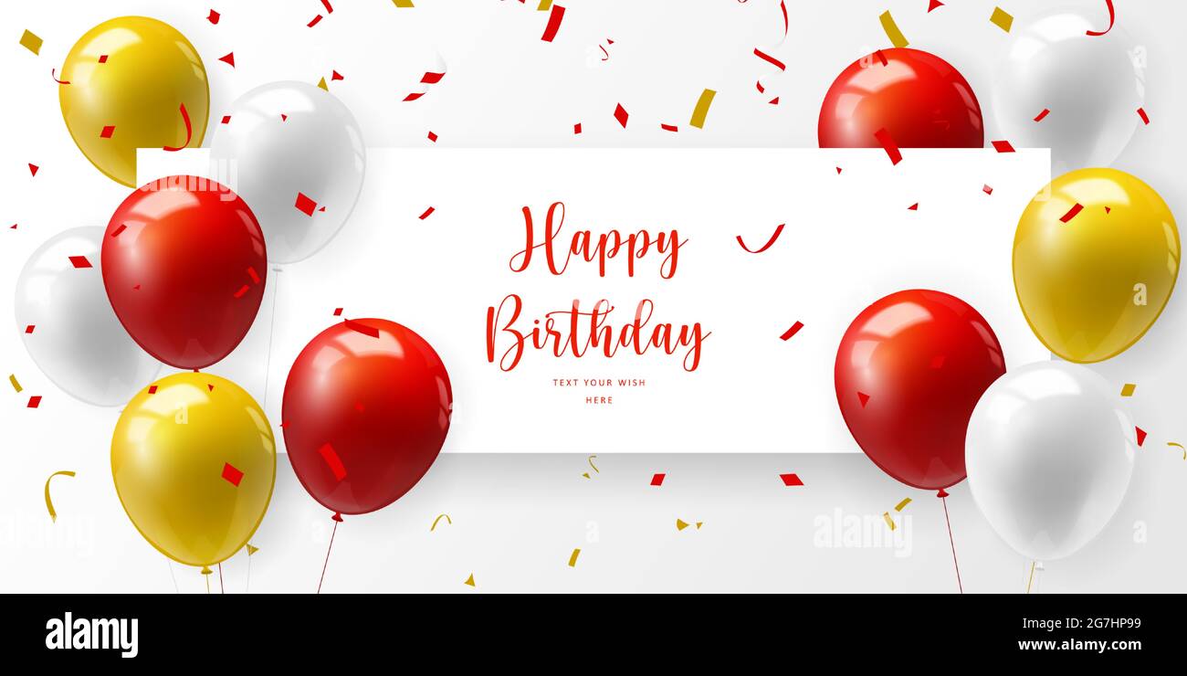 Red yellow realistic ballon and ribbon Happy Birthday celebration card ...