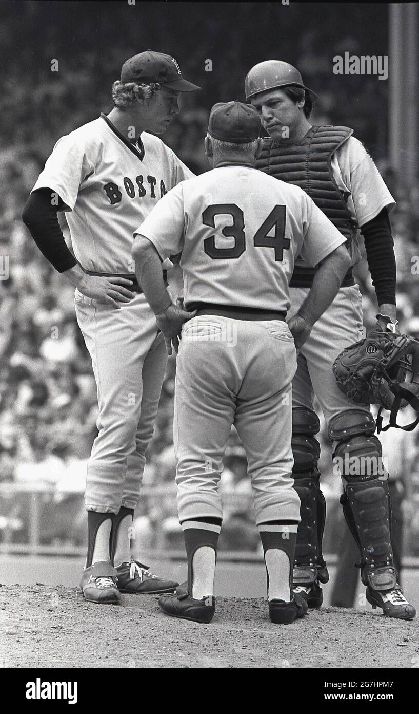1970s, historical, MLB game, discussion between pitcher, catcher and an ...