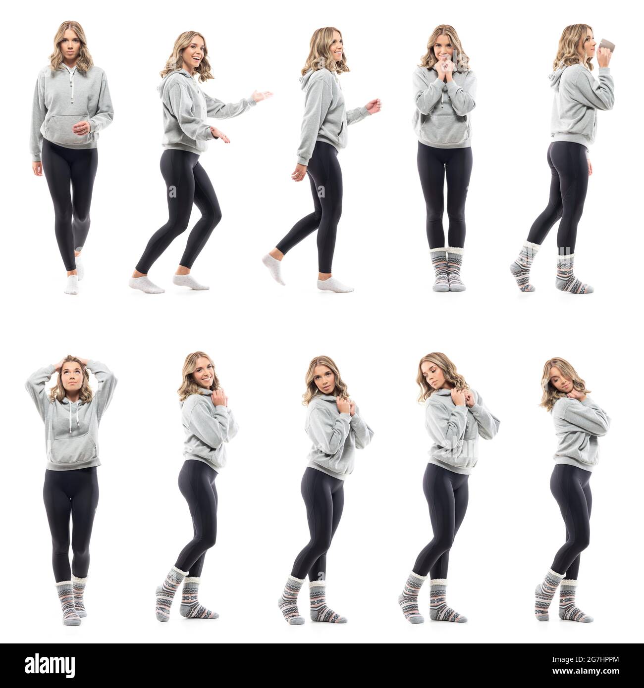 Collection of young sporty women in casual home wear walking greeting ...