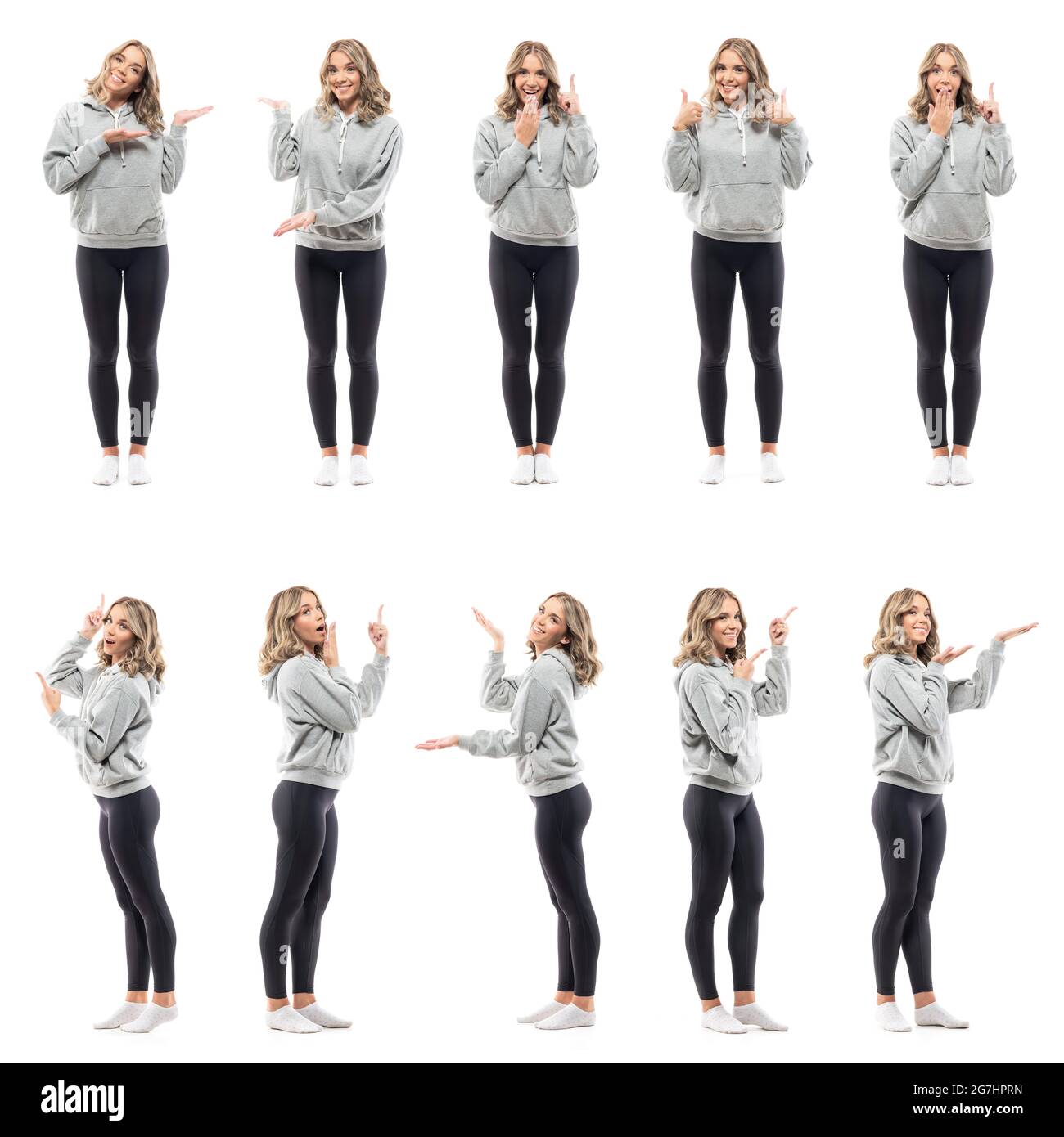 Set of young pretty sporty women doing many presentation and ...