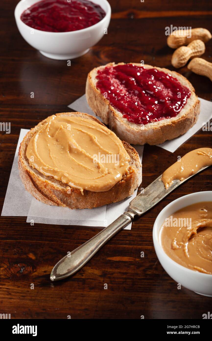 smooth peanut butter and jam bread toast, american traditional sandwich ...