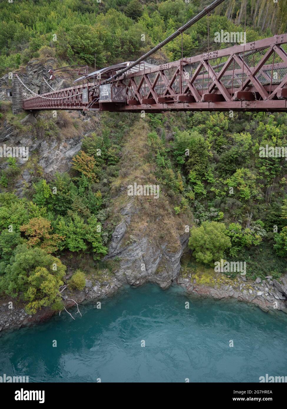 View of the Kawarau Gorge with the Kawarau Gorge Suspension Bridge, New ...