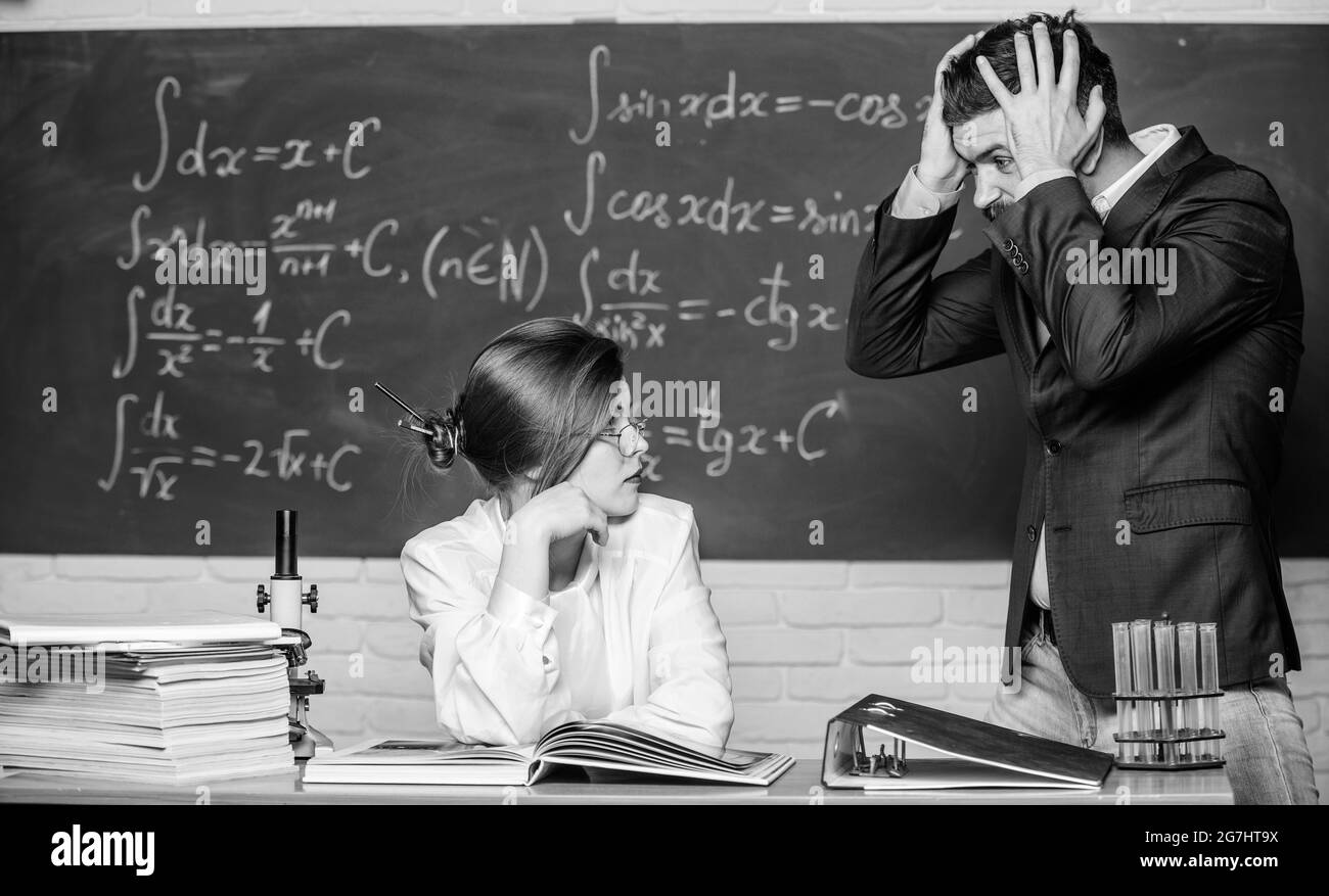 Conflict situation. School conflict. Demanding lecturer. Man unhappy ...