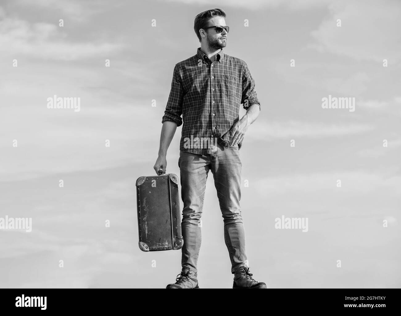 Vacation time. Travel agency. Business trip. Handsome guy traveler ...