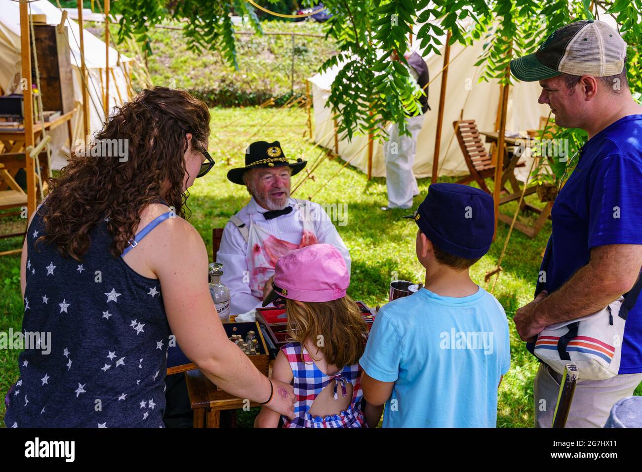 Gettysburg, PA, USA - July 4, 2021: A civil war reenactor speaks with ...