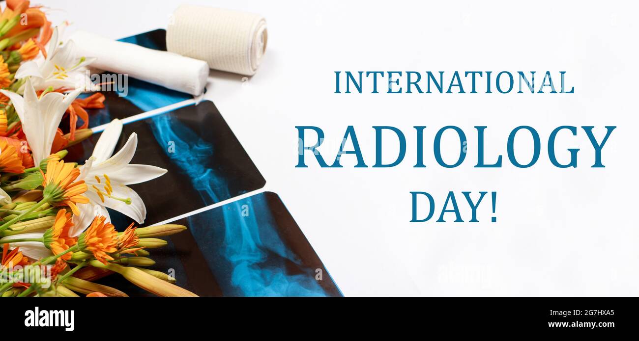 Medical congratulatory banner with flowers and X-rays on white with ...