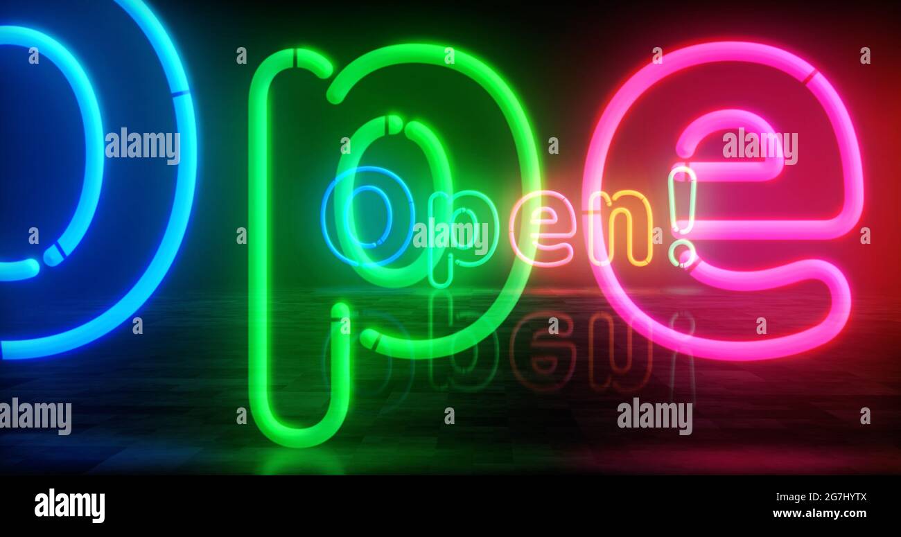 Open neon symbol. Light color bulbs. Abstract concept 3d illustration ...